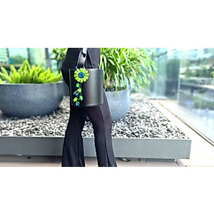 Jomo Joy Leather Flower Keychain Purse Tassels Charms Women Handbags Designer Bag Accessories Keyring Decor Sunflower Key Ring 8'' Long (Green), (KrSunflower1)