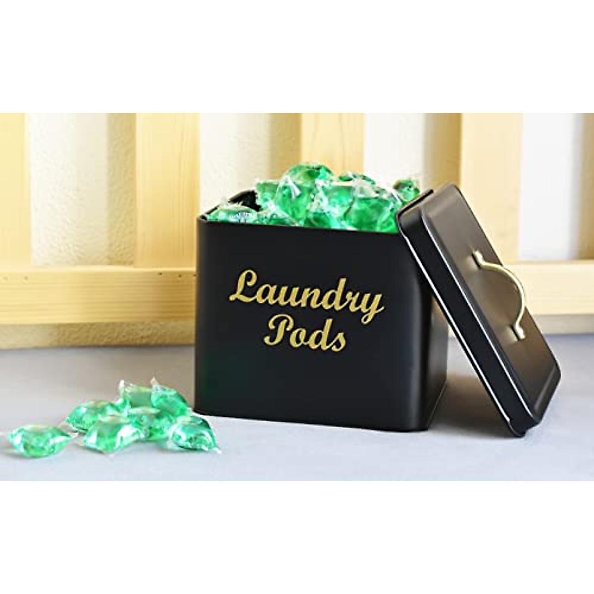SHUNTU Pods Holder for Laundry Room - Pods Box with Lid for Laundry Room Metal Laundry Pods Holder for Laundry Room Décor and Organization(Black)