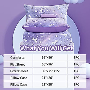 HOMBYS Glow in The Dark Comforter Set 5 Piece Twin/Twin XL with Sheets, Purple Velvet Bedding Comforter Sets for Twin Bed, Ultra Soft Down Alternative Comforter for Teenage Girls Kids, Bed in a Bag