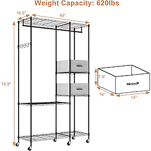 COCOBELA Heavy Duty Clothes Rack with Shelves, Garment Rack with Drawers, Clothing Racks with Wheels, Portable Clothing Storage Rack for Hanging Clothes Freestanding Closet Metal Wardrobe