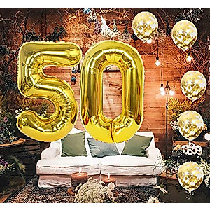 Eokeanon Number 50 and Gold Confetti Balloons, 40 Inch Gold Number 50 Balloon with 5PCS 12 Inch Gold Confetti Balloons for 50th Birthday Party Decorations 50th Anniversary Décor