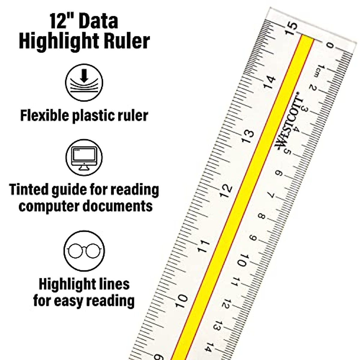 Westcott Acrylic Data Highlight Reading Ruler With Tinted Guide, 15" Clear
