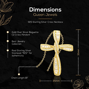 925 Sterling Silver Necklace for Women, Fancy Baguette Cubic Zirconia Twist Cross Pendant, 14k Yellow Gold Plated, Sterling Silver Yellow Gold, Cubic Zirconia