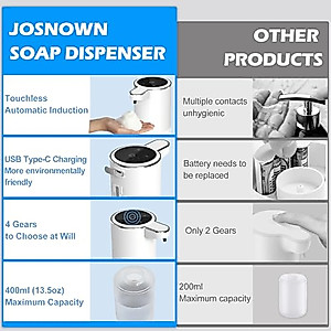 Josnown Foaming Soap Dispenser, Touchless Automatic Soap Dispenser with 4-Level Adjustable Foam, USB Rechargeable, 13.5oz/400ML Wall Mount Soap Dispenser for Bathroom Kitchen Office Commercia