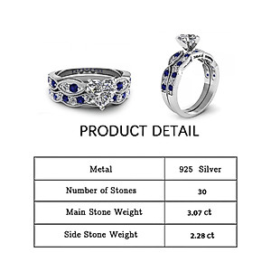 Jeulia 3 Carat CZ Solitaire Engagement Rings Halo Milgrain Heart Cut Sterling Silver Ring Set Promise Engagement Wedding Anniversary Rings Bridal Sets for Women (Blue, 7)