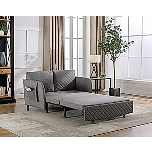 Pull Out Futon Sofa Bed, Convertible Small Loveseat Sleeper with Storage Drawer, 3 in 1 Futon Couch with Removable Pocket and 2 Pillows, Modern Love Seat for Living Room, Guest Room, Deep Grey