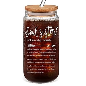 Roeni Friend Gifts for Women - Soul Sister Gifts for Female Friends - Friendship Gifts for Her Birthday - Bestie Cup for Christmas Gift - 16oz Glass Coffee Cup with Lid