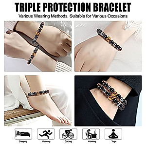 HOZEAL Triple Protection Bracelet, Black Obsidian Tiger Eye Stone Hematite Wealth Bracelets for Men Women for Bring Luck and Prosperity, Beaded Buddha Crystals Rope Stretch Bracelet (10mm-7inch)