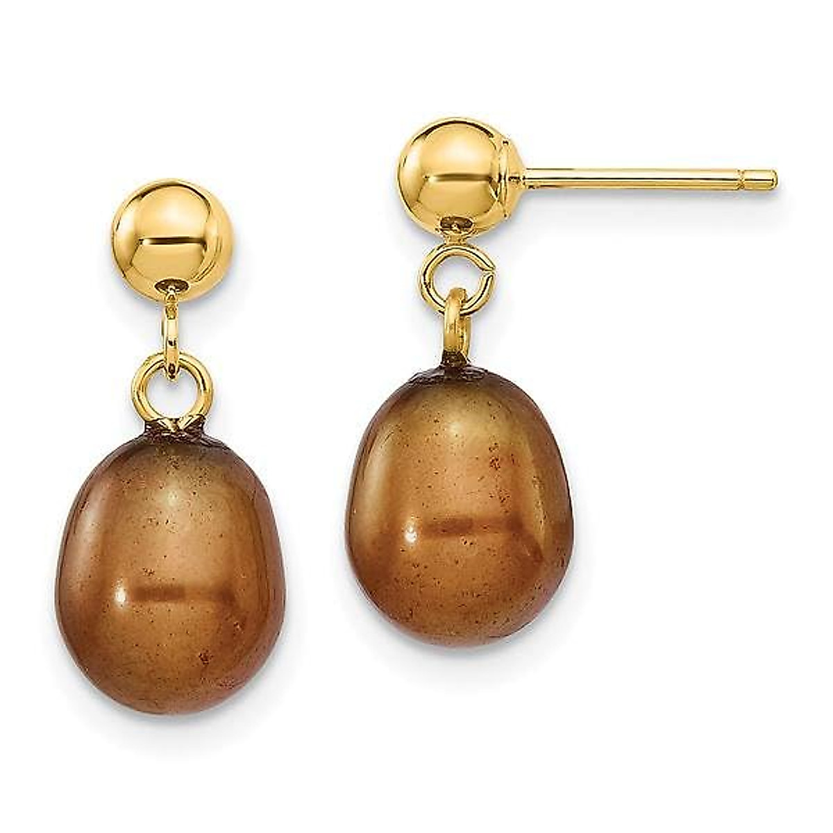 14K Yellow Gold 7mm Brown Rice Freshwater Cultured Pearl Drop Dangle Earrings