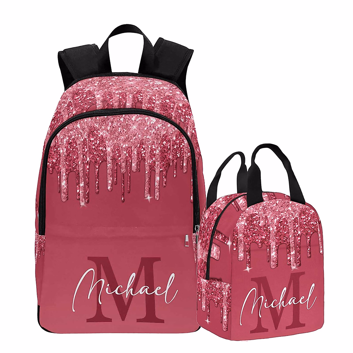 Personalized School Backpack for Daughter Son Custom Red Shinning Glitter Initial Casual Daypacks Lunch Tote Bag Customized Travel Book Bag with Name Knapsack Schoolbag for Teens Boys Girls College