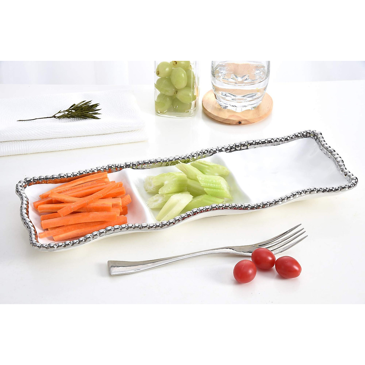 3-Section Serving Piece Porcelain with Silver Trim