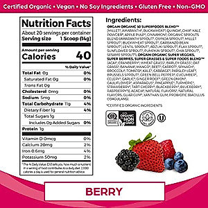 Orgain Organic Green Superfoods Powder, Berry - Antioxidants, 1 Billion Probiotics, Vegan, Dairy Free, Gluten Free, Kosher, Non-GMO, 0.62 Pound (Packaging May Vary)