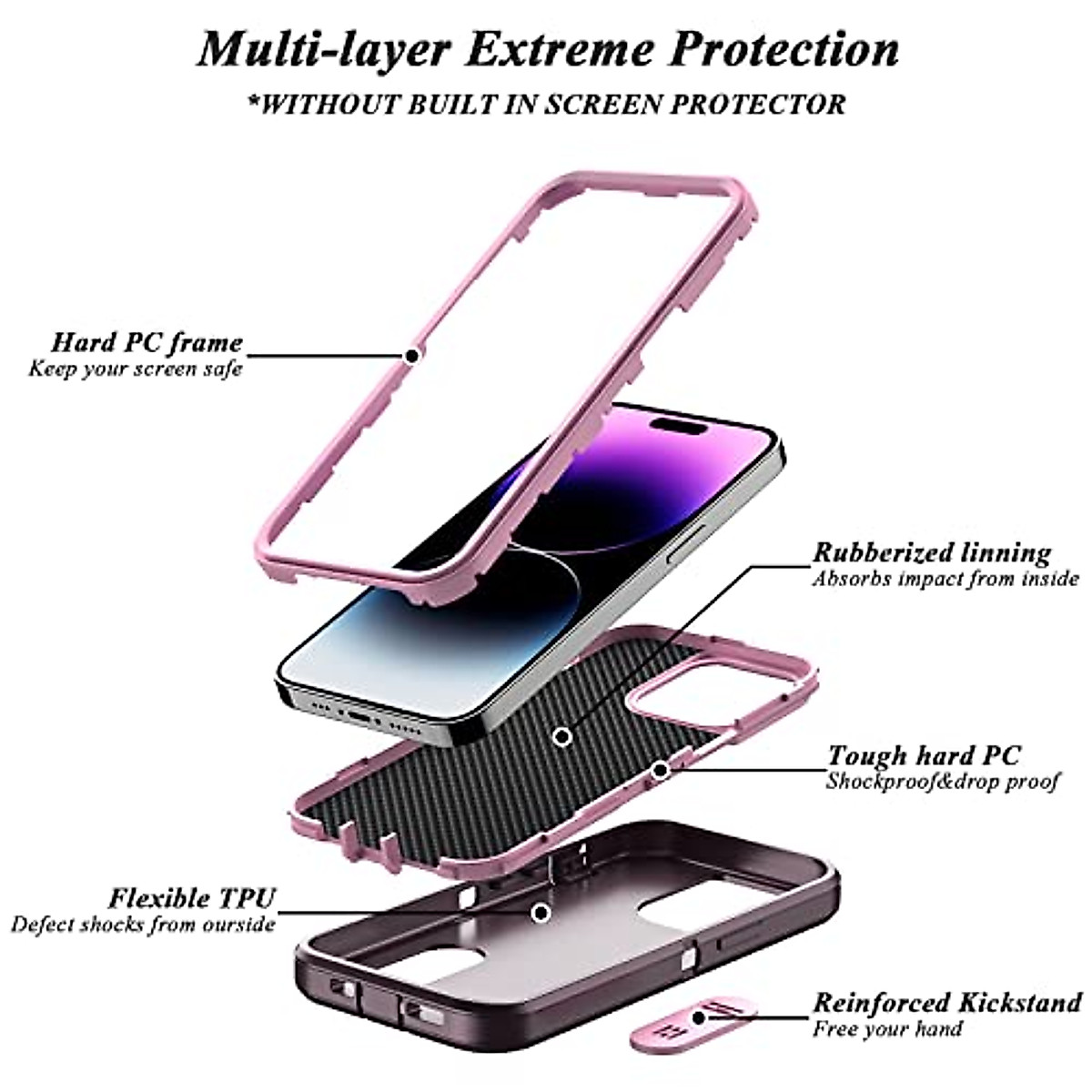 Qireoky for iPhone 14 Pro Case,iPhone 14 Pro Phone Case with Stand Heavy Duty Protective Anti-dust Port Cover Non-Slip Multi Layers 3 in 1 Bumper Shockproof Case for iPhone 14 Pro(Purple)