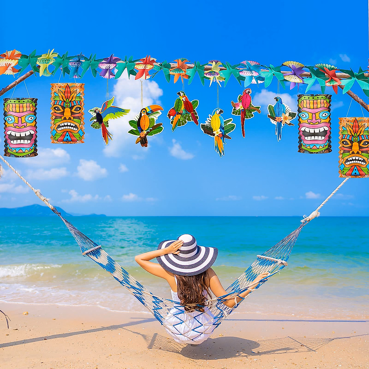 Luau Party Decorations Hawaii Paper Lanterns Tropical Honeycomb Birds Hibiscus Paper Garland for Hawaiian Luau Birthday Party Supplies Summer Jungle Party Decorations Hawaii Bar Supplies