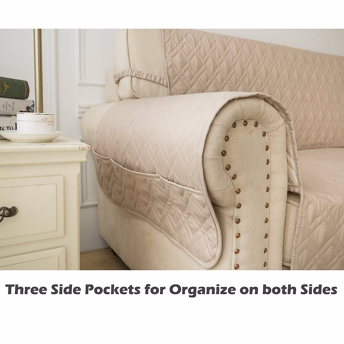 Ameritex Couch Sofa Slipcover 100% Waterproof Nonslip Quilted Furniture Protector for Dogs, Children, Pets, Machine Washable (Beige, 68")