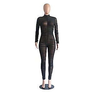 Uni Clau Women One Piece Outfits Mesh Sheer Bodycon Jumpsuit Long Sleeve See Through Party Catsuit Jumpsuits Black S