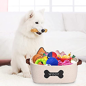 Brabtod Cotton Rope Dog Toy Storage Basket Medium, Dog Toy bin with Handle,Dog Stuff Organizer - Perfect for organizing pet Toys, Blankets, leashes, Pee mats and Diapers,Nursery Decor Basket-Beige