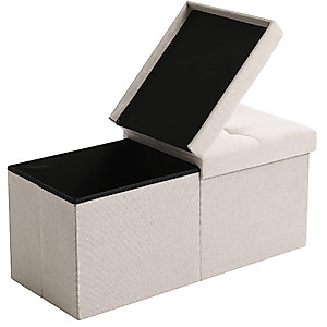 CUYOCA Storage Ottoman Bench Foldable Seat Footrest Shoe Bench End of Bed Storage, 80L Storage Space, 30 inches Linen Fabric Cream