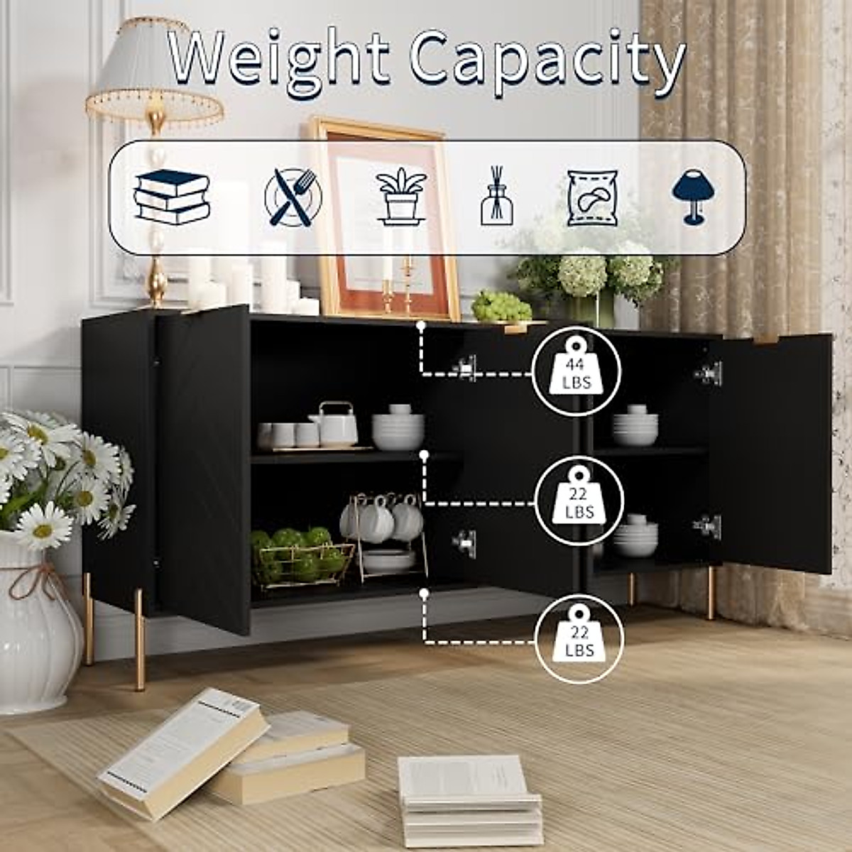 Clihome Storage Cabinet with 4 Doors，63 Inch Monden Accent Cabinet with Adjustable Shelf，Free-Standing Sideboard with Gold Legs for Hallway, Living Room, Black