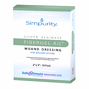 Simpurity Silver Alginate Fibergel AG Wound Dressing with Gelling Action, 2" X 2", Box of 10