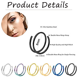 Staligue Double Nose Ring for Single Piercing 20G Spiral Nose Ring Surgical Steel 6MM 8MM 10MM 12MM Double Nose Hoop Piercing Jewelry (8MM)