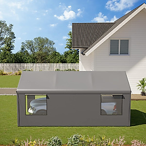 Gardesol Carport, 10'x 20' Heavy Duty Carport with Roll-up Ventilated Windows, Reinforced Portable Garage with Removable Sidewalls & Doors for Car, Truck, Boat, Car Canopy with All-Season Tarp, Gray