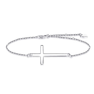 YZSFMZGE Cross Bracelet/Anklet for Women 925 Sterling Silver Adjustable Cross Faith Bracelet Anklet Dainty Sideways Religious Cross Jewelry Confirmation Gift for Easter Daily