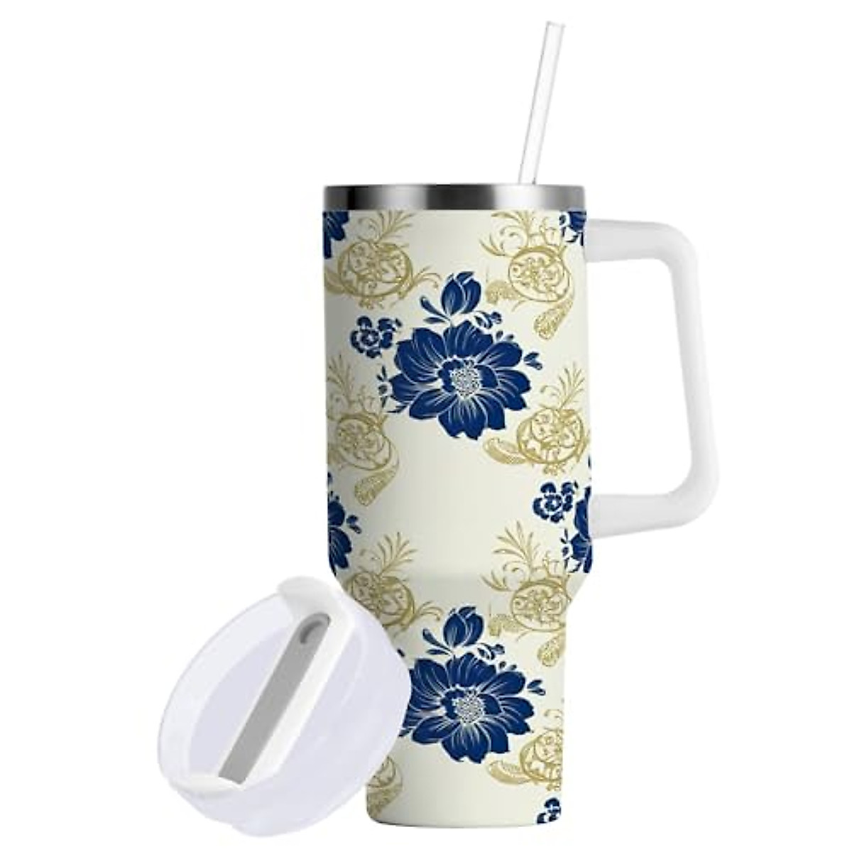 RPLIFE Blue and White Floral Tumbler Cup, Stainless Water Bottle, Water Tumbler with Straw