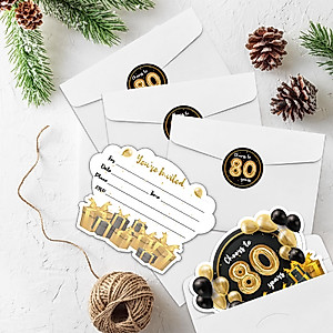 REWIDPARTY Cheers to 80 Years Birthday Party Invitations with Envelopes & Stickers（Set of 15） Balloon Shaped Fill-in Invitations Black Gold 80th Invite Cards 80th Birthday Anniversary Party Supplies