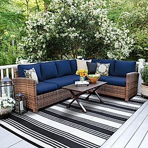 Pcinfuns Plastic Straw Rug,Patio Rugs RV Camping Rug Reversible Mat,6'x9' Reversible Mats Large Floor Mat and Rug for Outdoor,Black & White Thin Stripe