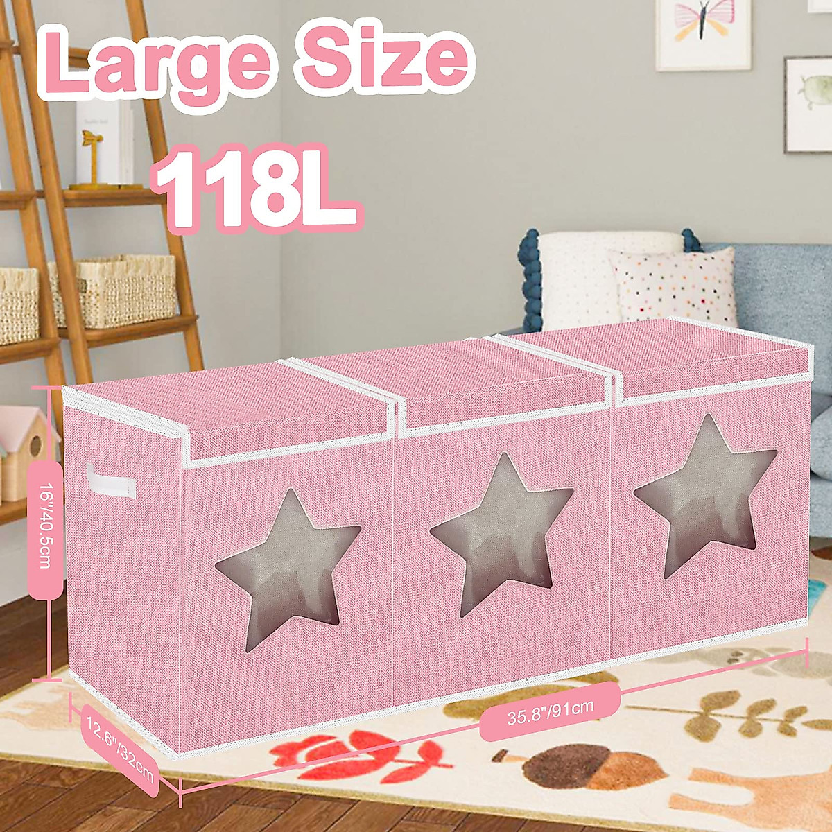 Xmasorme Toy Box for Girls,Extra Large Toy Storage Organizer Bins with Star Transparent Windows,Sturdy Handles and Mesh Bag, Foldable Storage Box for Nursery, Playroom, Bedroom(Pink)