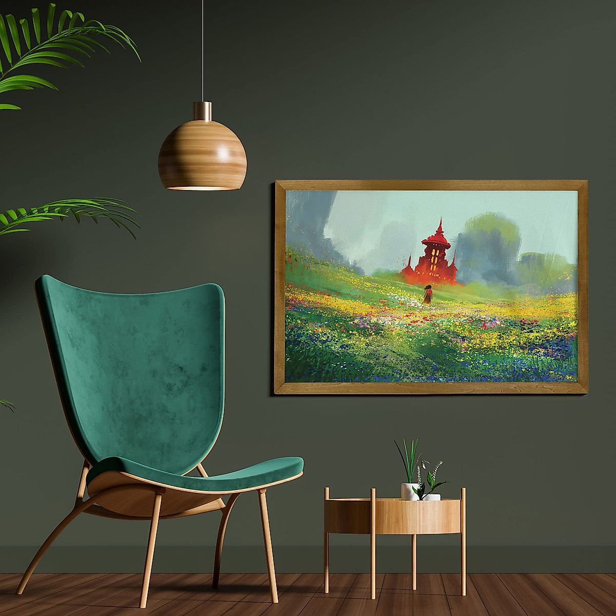 Ambesonne Fantasy Framed Wall Art, Lady in Floral Field Meadow to Red Castle Before Sublime Mountain Art, Fabric Poster with Walnut Tone Wood Frame Home Dorm Decor, 35" x 23", Red Green