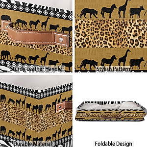 Mardesigns Leopard Print Animal 13 x 13 x 13 Inch Cube Storage Bins Bohemian Fabric Foldable Storage Cubes Basket Boxes with PU Handles for Shelves Closet Bedroom Organizer Clothes