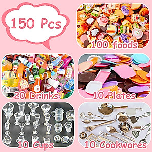 150Pcs Miniature Food Drinks Bottles Dollhouse Accessories 1:12 Mini Stuff Things Toy Set Dollhouse Pretend Kitchen Play Game Tiny Baking Hamburger Bread Ice Cream Cake Tableware