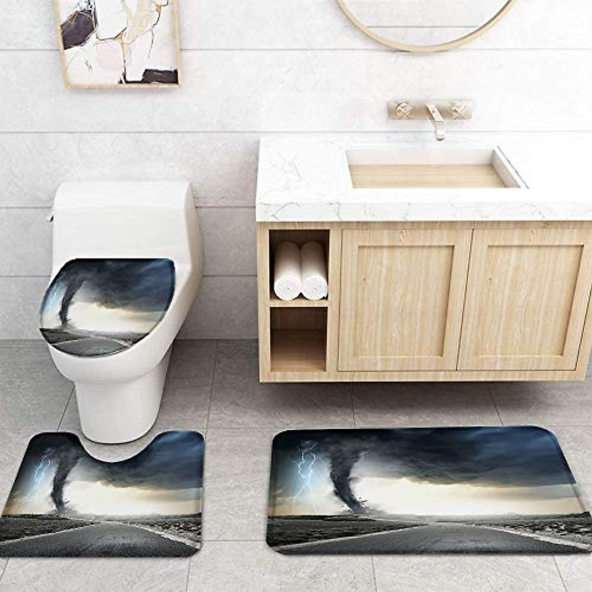 4 Pcs Shower Curtain Sets Tornado and Lightning Waterproof Fabic Bathroom Set with Non-Slip Rugs Toilet Lid Cover Bath Mat, Rolling On The Road Shower Curtain with Hooks -36x72 inch, Large