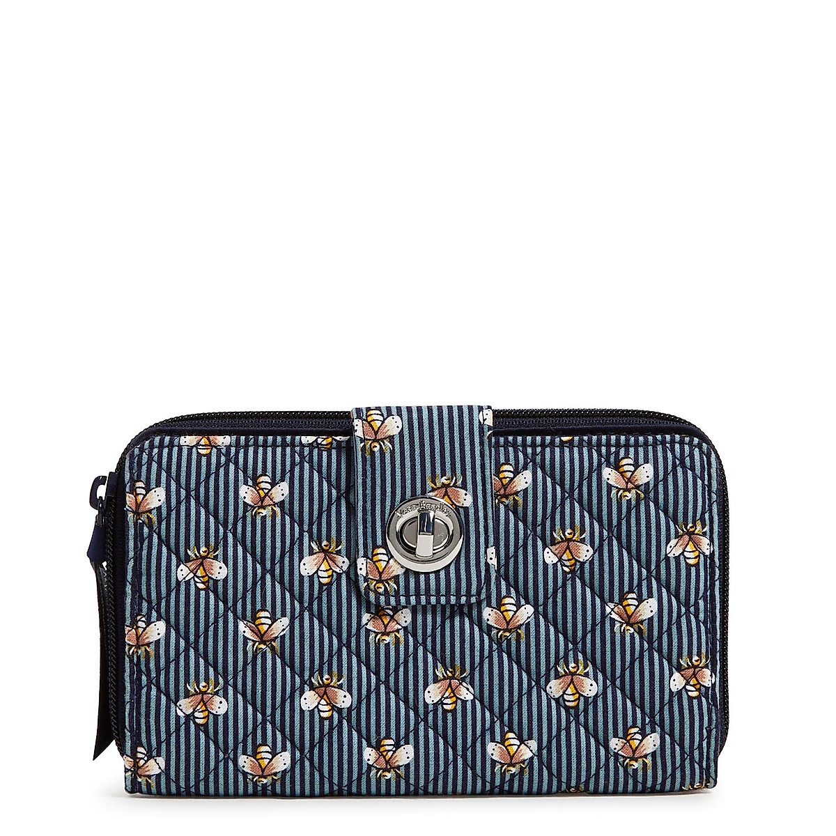 Vera Bradley Women's Cotton Turnlock Wallet With RFID Protection, Bees Navy - Recycled Cotton, One Size