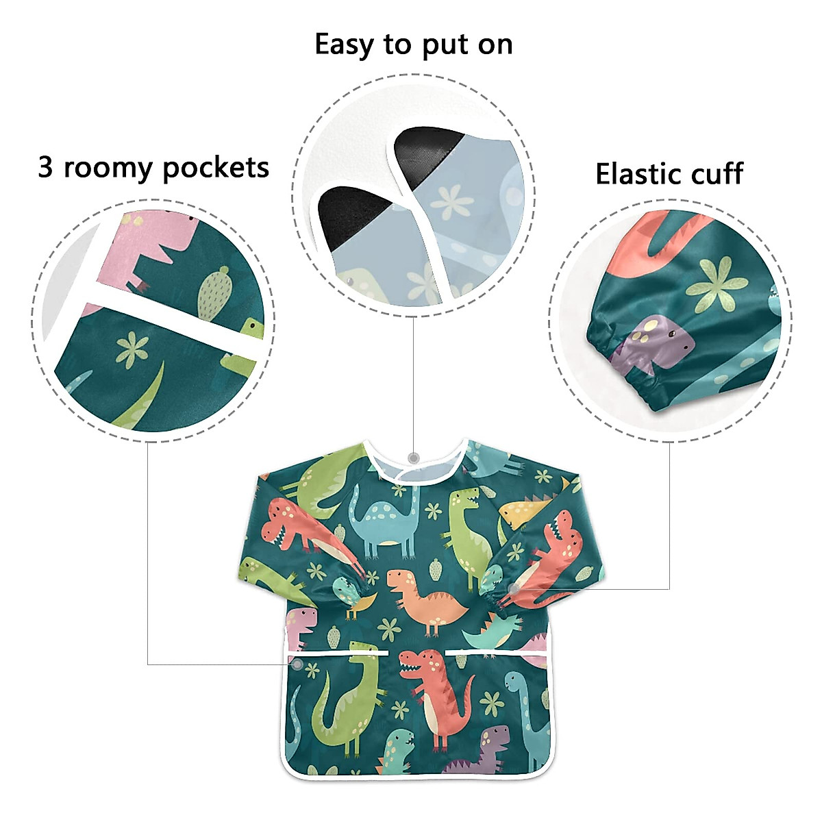 Nander Cute Dinosaur Kids Art Smocks,Waterproof Artist Painting Aprons for For Dining, Playing, Painting for Age 2-6Years