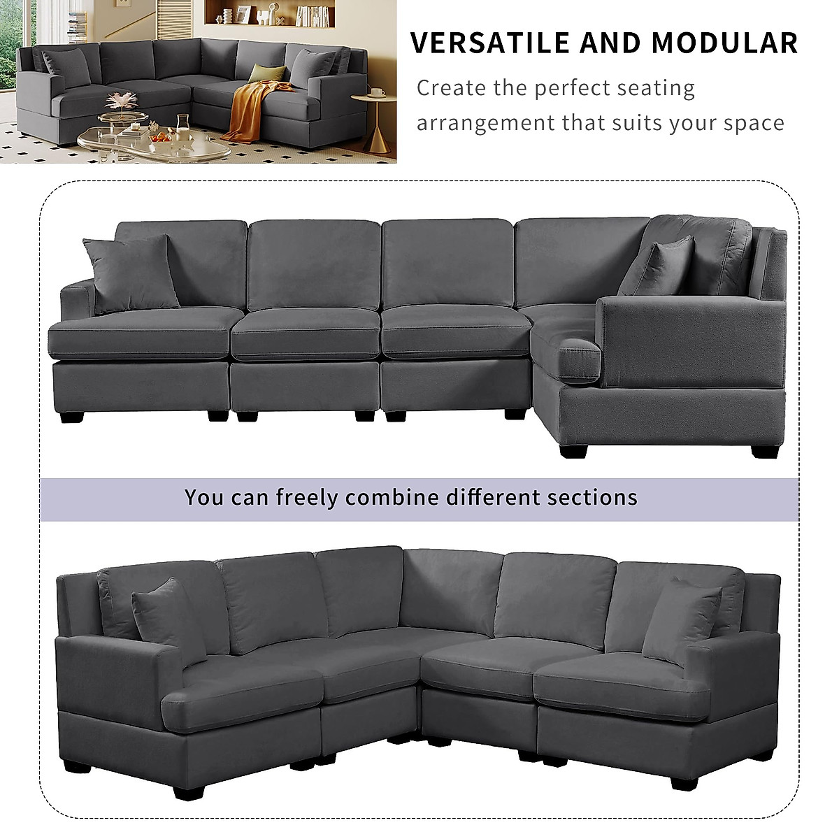 Eafurn Convertible Modular Sectional, 87.8" Free Combination Symmetrical Padded Back and 2 Pillows,5 Seater Corner Sofa & Couch for Living Room Contemporary Furniture Set, Gray