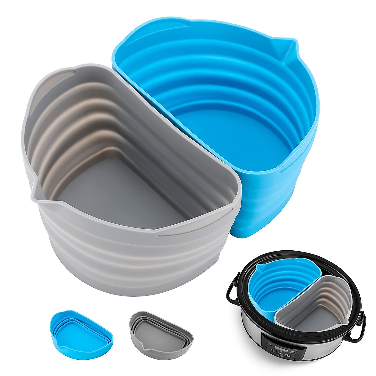 Slow Cooker Divider Liner Fit 6 QT Crockpot, 2 in 1 Reusable & Leakproof Silicone Crockpot Divider Slow Cooker Divider with 2pcs Anti-Hot Glove