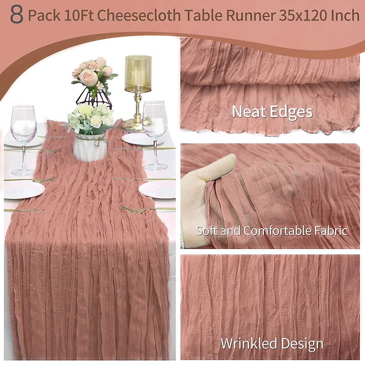 8 Pack Dusty Blush Cheesecloth Table Runner 10Ft Gauze Cheese Cloth 35x120 Inch Boho Table Runner Romantic Table Runner Long Table Cover for Wedding Bridal Shower Fall Thanksgiving Christmas Décor