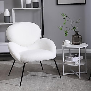 Aimerive Accent Chair, Living Room Teddy Chair Fabric, Modern Upholstered Sherpa Chair with Black Metal Legs, Accent Armchair with Backrest,Comfy Reading Chair for Bedroom,Relaxing,White