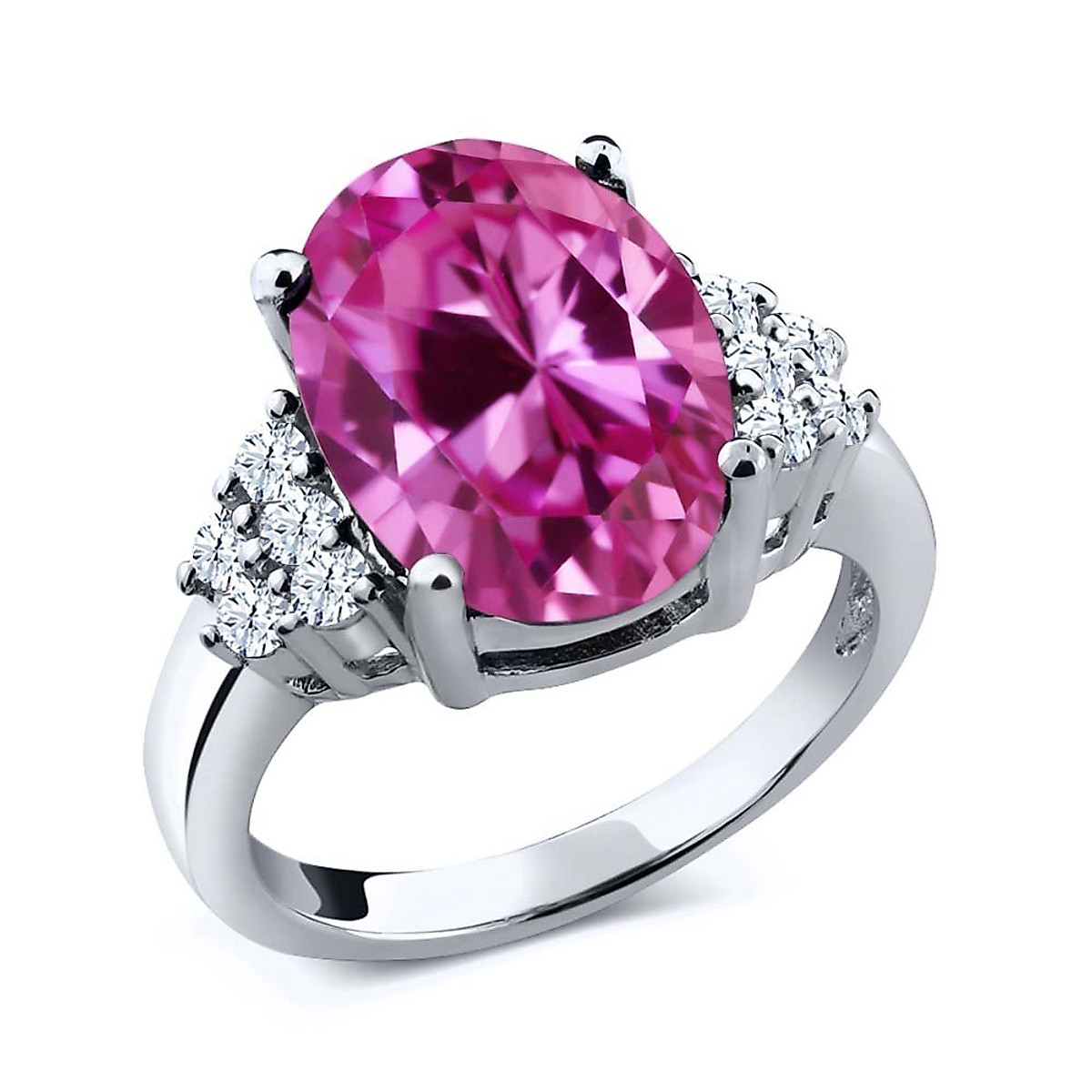 Gem Stone King 925 Sterling Silver Pink Created Sapphire Ring For Women (6.30 Cttw, Oval 12X10MM, Available 5,6,7,8,9) (Size 6)