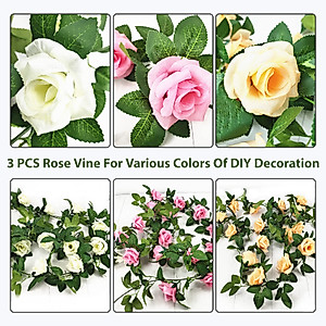 PONKING Artificial Rose Vine Flowers with Green Leaves, 3 Vine 22FT Hanging Fake Flower Garland, Roses Vine for Home Hotel Office Wedding Party Garden Craft Wall Decor, Pink