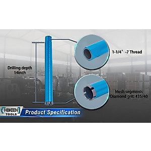 HBKEEN 2-1/2 inch Wet Diamond Core Drill Bits, 14" Drilling Depth Core Drill Bit, 1-1/4"-7 Thread Core Drill Bit for Concrete, Reinforced Concrete, Brick, Block, Core Bit with Laser-Welded Mesh