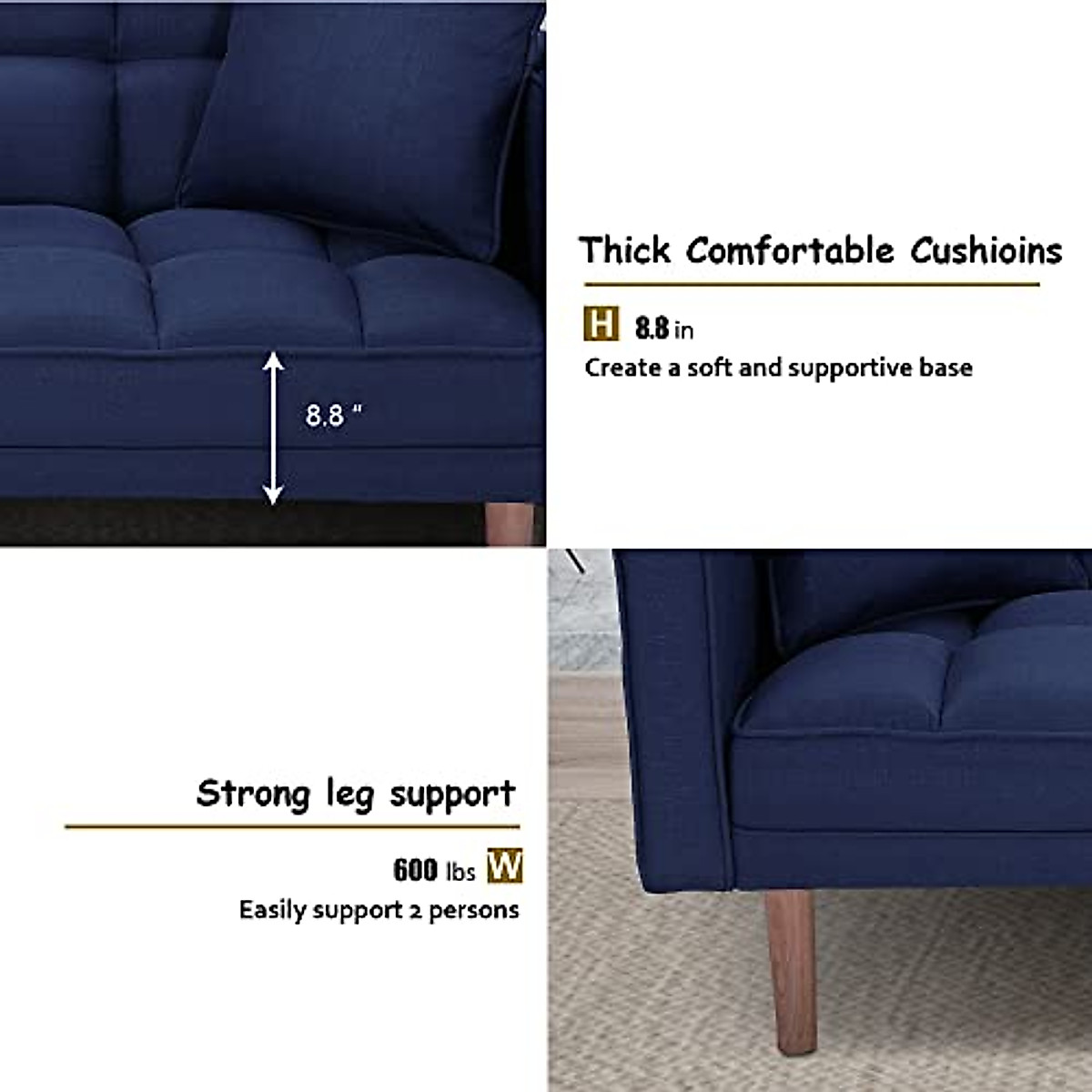 Modern Futon Sofa Bed, 75" Convertible Sleeper Sofa with Armrests and Guests w/ 2 Pillows, Recliner Couch with 5 Solid Wooden Legs, Twin Size Sofa for Living Room (Navy Blue+Fabric)