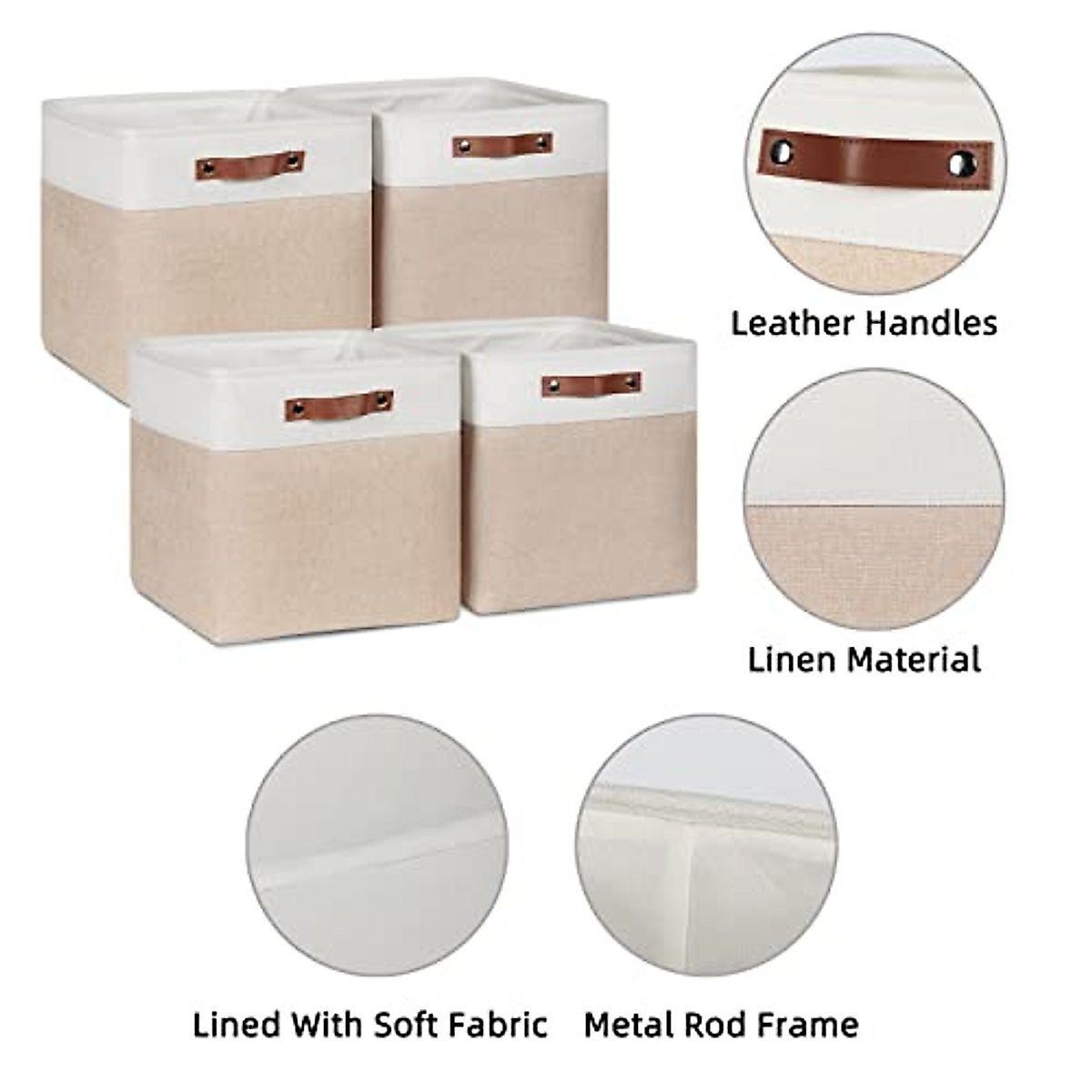 HNZIGE Fabric Baskets Storage Cubes Baskets Set(4 Pack) Large Cube Baskets for Shelves,13x13x13 Storage Cube Bins for Storage with Leather Handles for Home, Toys, Clothes, Kids Room, Closet Storage(White&Beige)