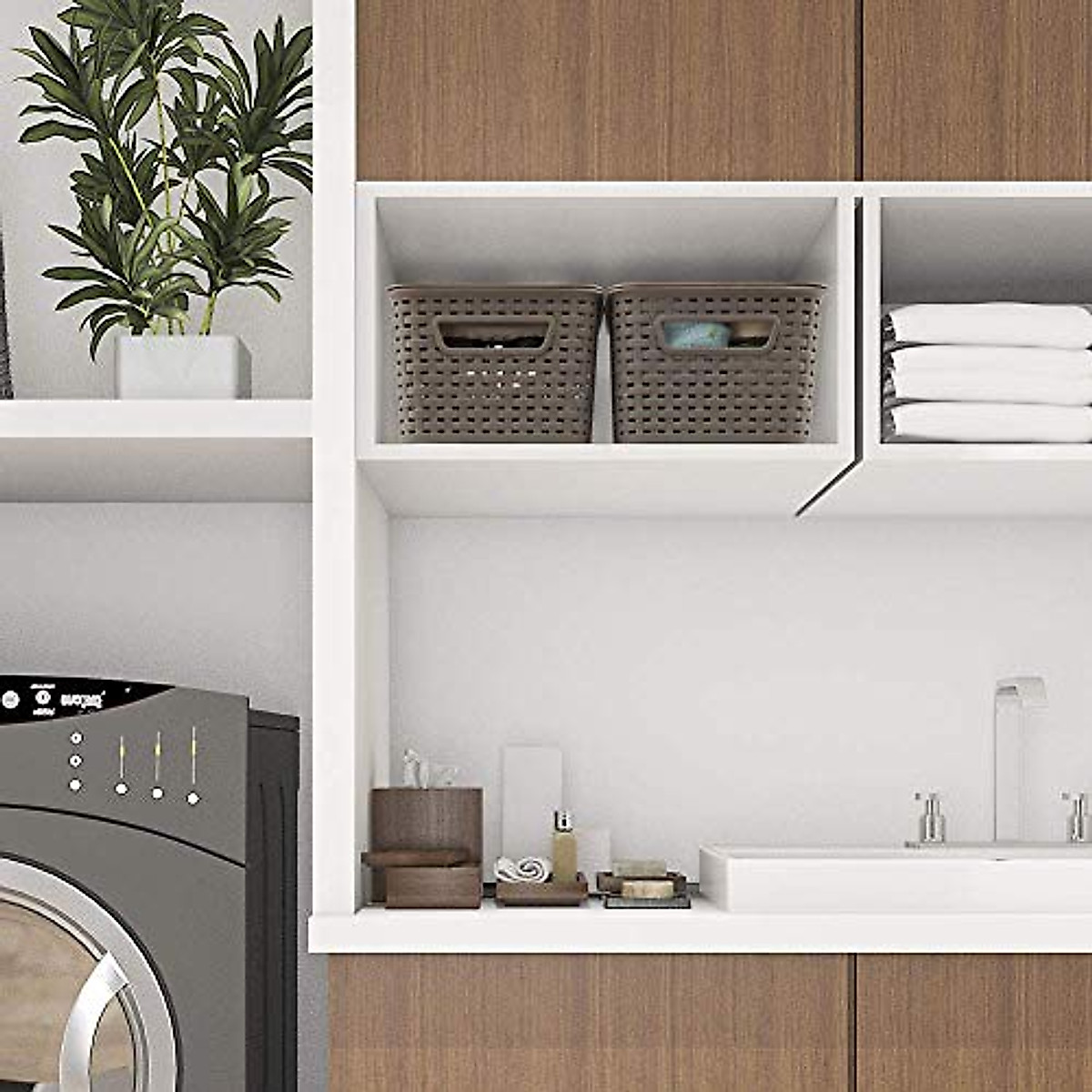 EZOWare Set of 8 Small Gray Plastic Woven Knit Baskets, Storage Organizer Bins Boxes For Office, Classroom, Desktop, Drawer and More