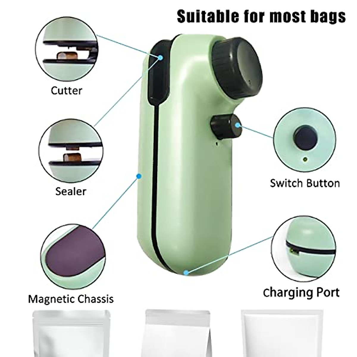 Buddeez Mini Sealer and Cutter, Upgraded 2-in-1 Hand-Held Tthermal Vacuum Sealer, USB Rechargeable, Portable Sealer Kitchen Gadget (Green)