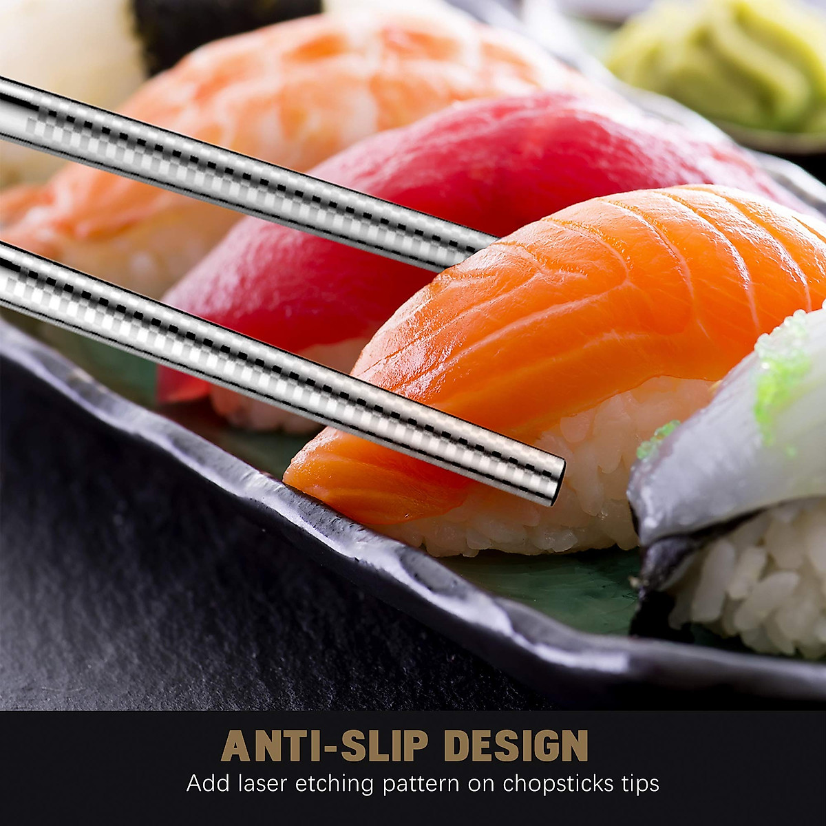 Metal Chopsticks 304 Stainless Steel Chopsticks Reusable Dishwasher Safe Square Japanese Chinese Korean Chop sticks for Cooking Eating with Travel Carrying Cotton Bag Gift Set, 9 1/2 Inches (2 Pairs)