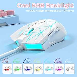 FELICON RGB Lightweight Gaming Mouse, Programmable 7 Buttons, Ergonomic LED Backlit USB Gamer Mice Computer Laptop PC, for Windows Mac OS Linux(Star White)